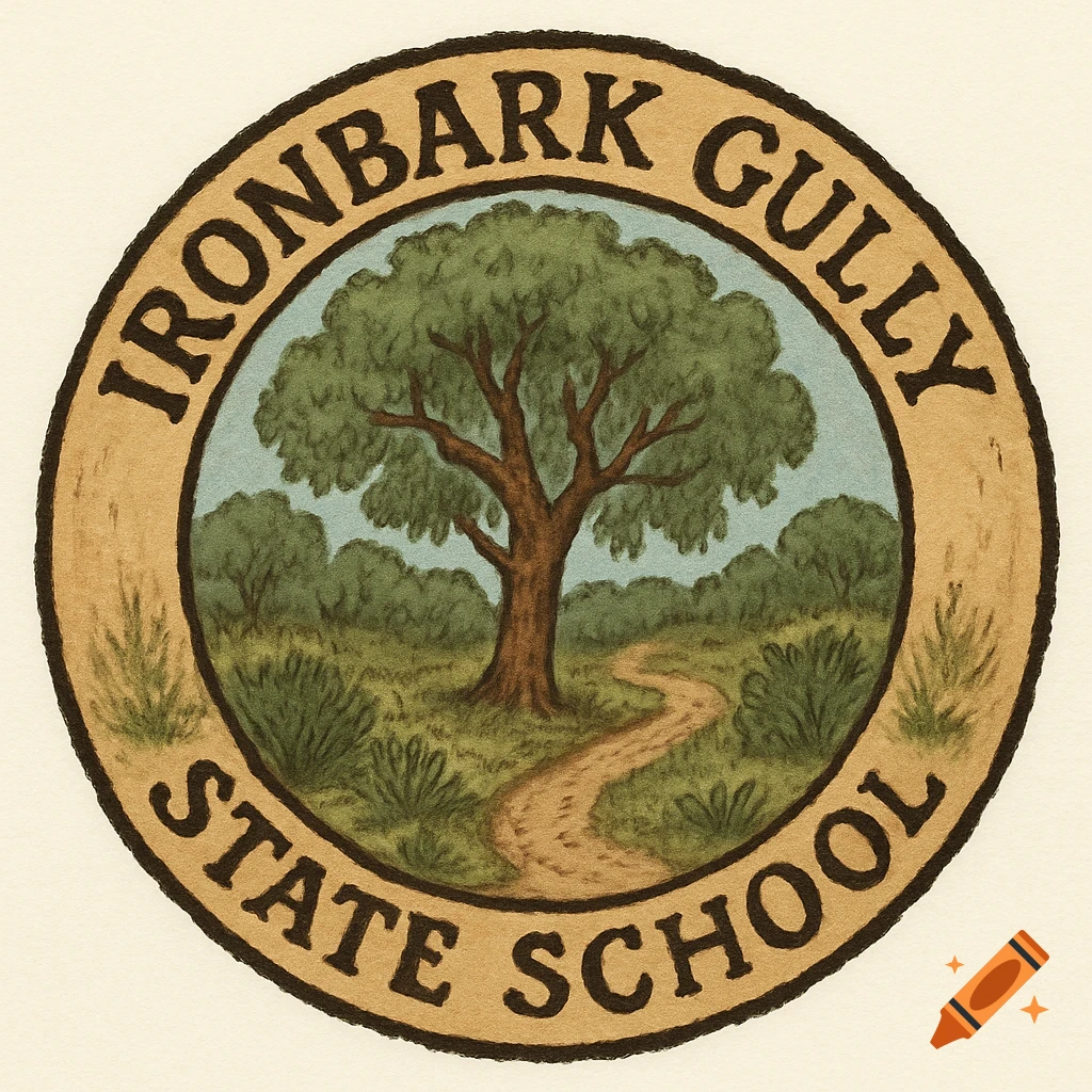 Circular logo for Ironbark Gully State School featuring a tree and path ...