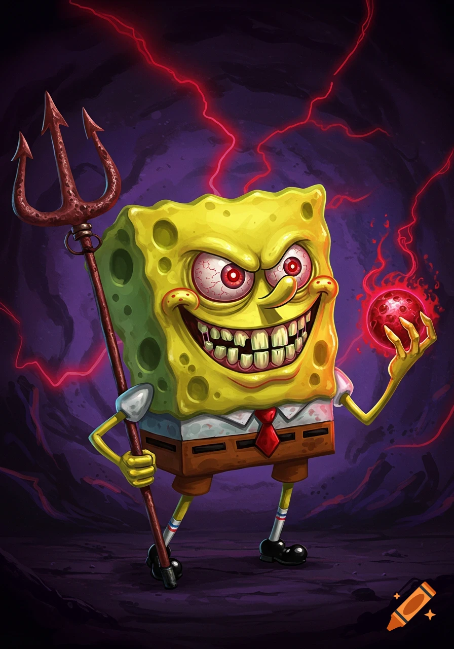 Evil Spongebob Squarepants with red eyes and sharp teeth, holding a trident and a glowing red ...