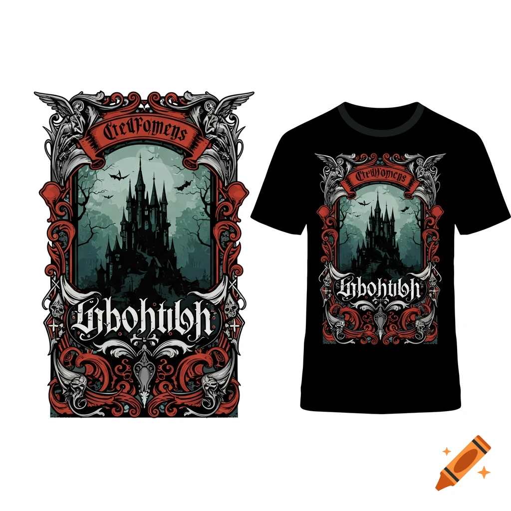Gothic graphic design featuring a framed scene of a castle, bats, and ...