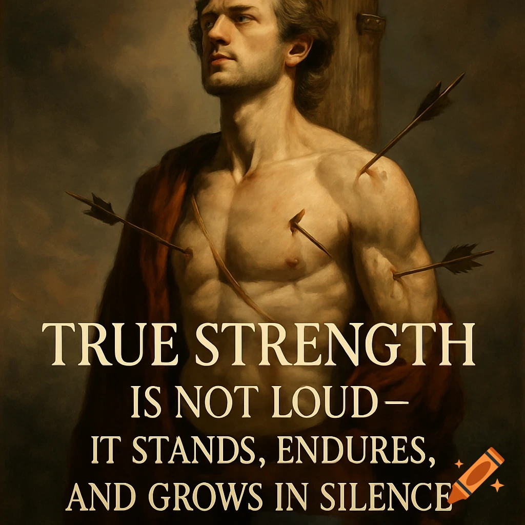 Classical painting of a man (Saint Sebastian) with arrows, overlaid quote: 'True strength is not ...