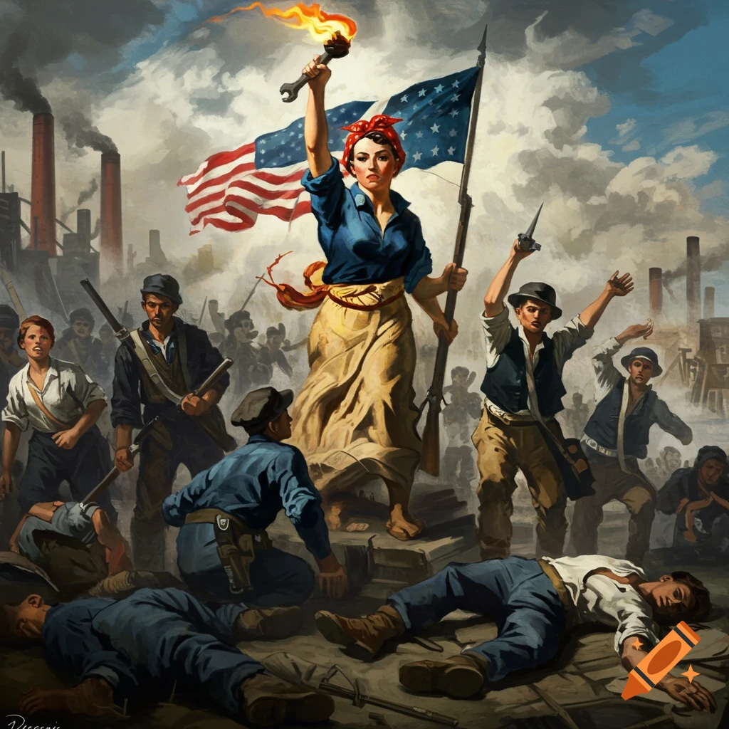 Painting of a woman like Rosie the Riveter leading workers with a torch ...
