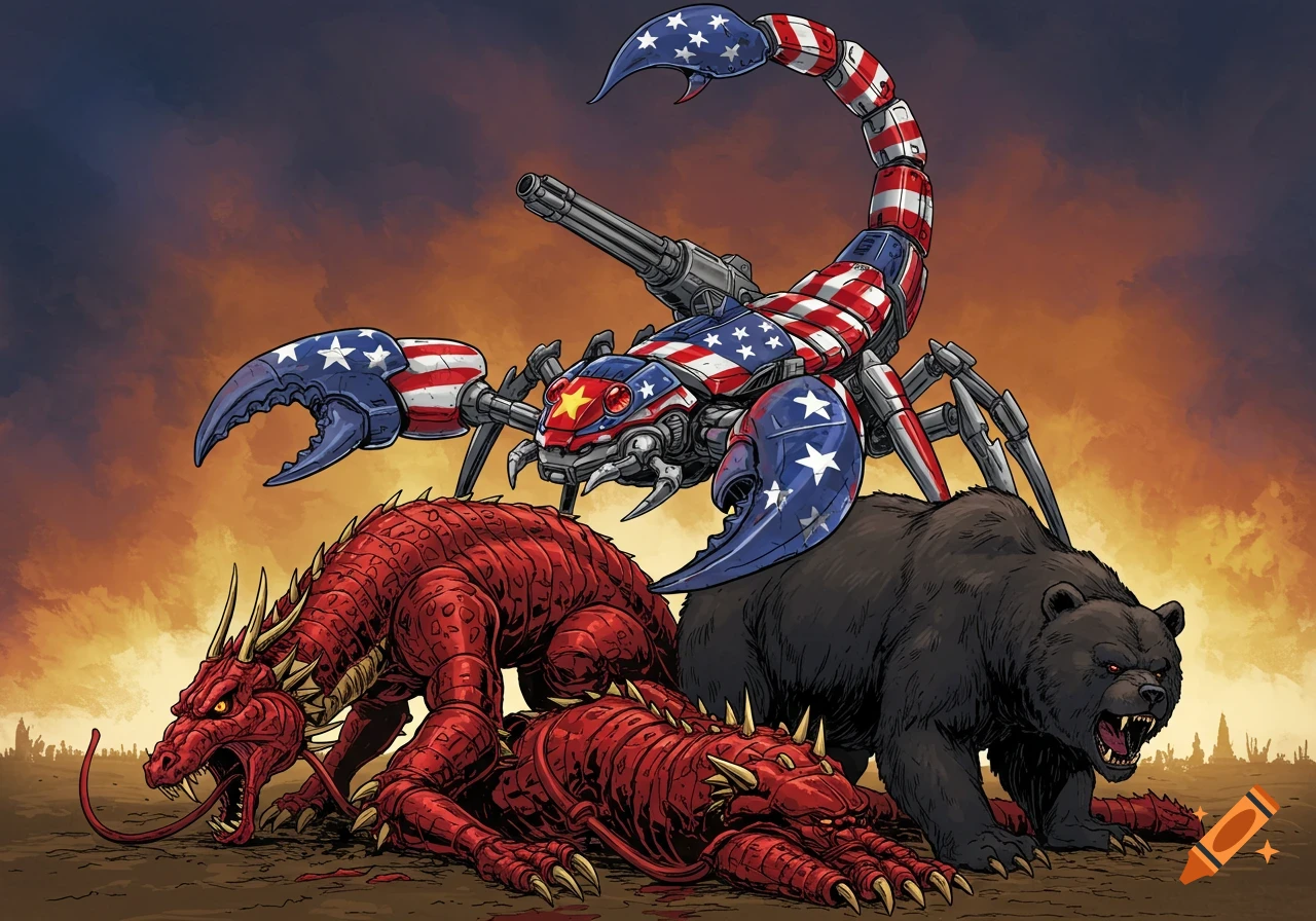 Robotic scorpion in US flag colors stands over defeated red dragons and ...