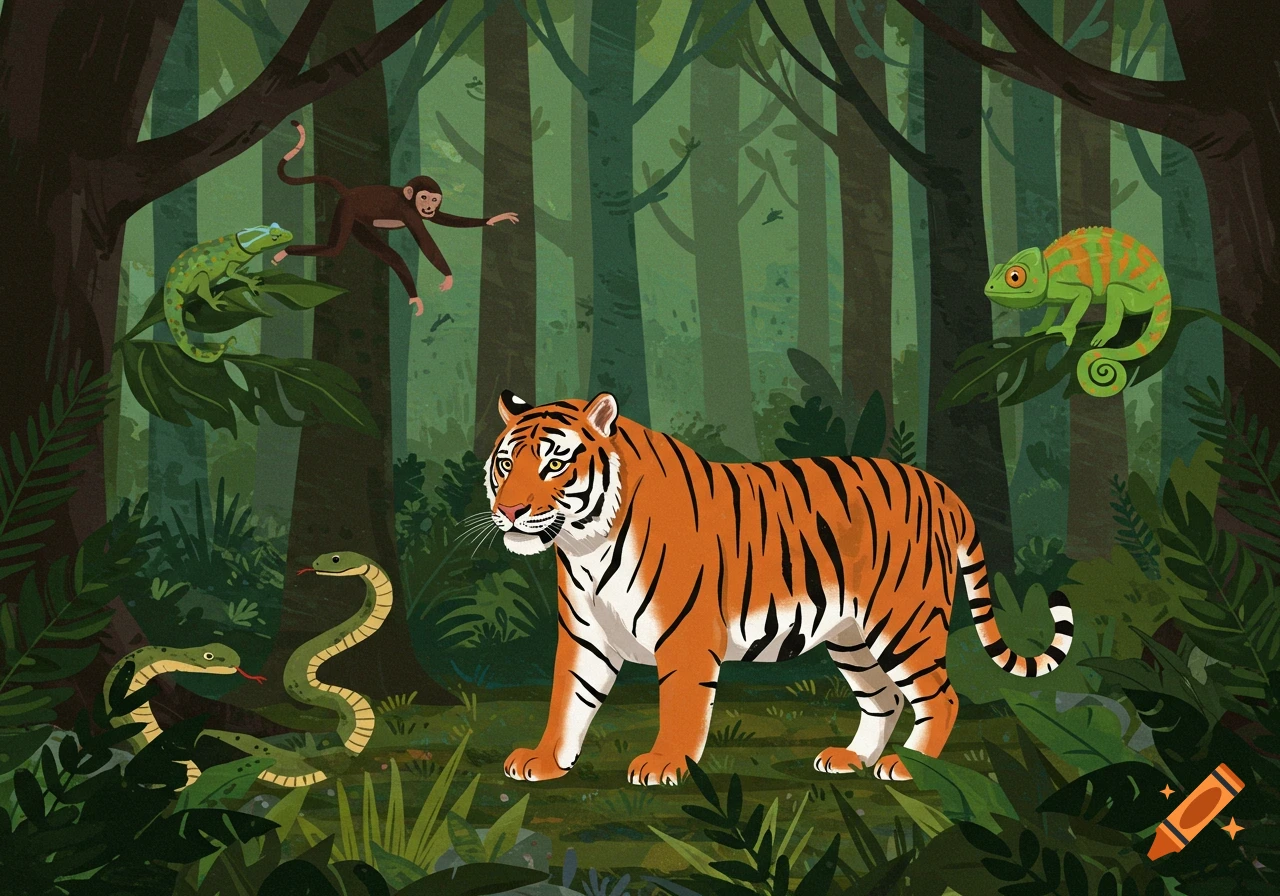 A tiger, snakes, monkey, chameleon, and gecko in a lush jungle illustration. on Craiyon
