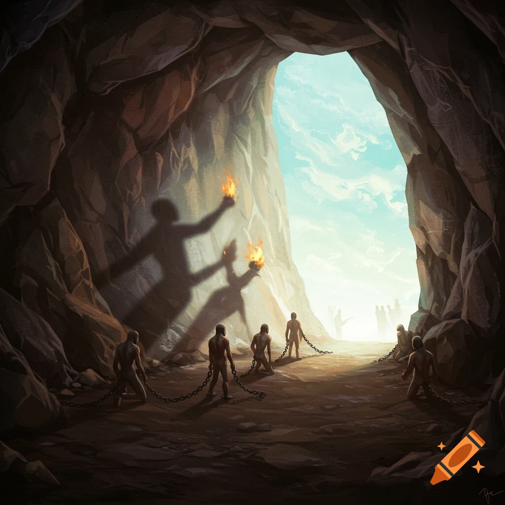 Painting of chained figures in a dark cave watching shadows on a wall ...