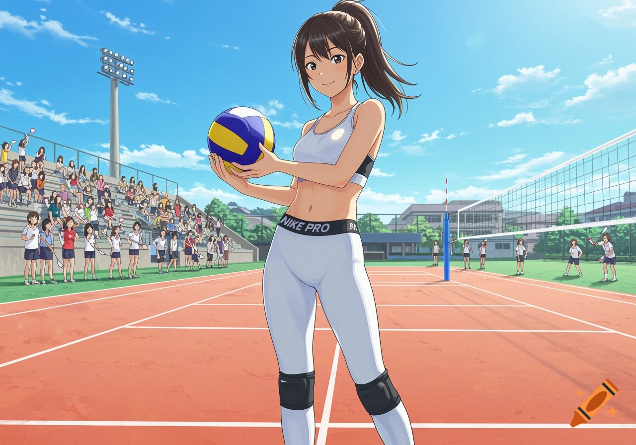 Anime style image of a girl in athletic wear holding a volleyball on a ...