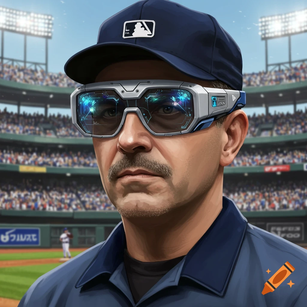 Close-up portrait of a baseball umpire wearing futuristic goggles in a ...