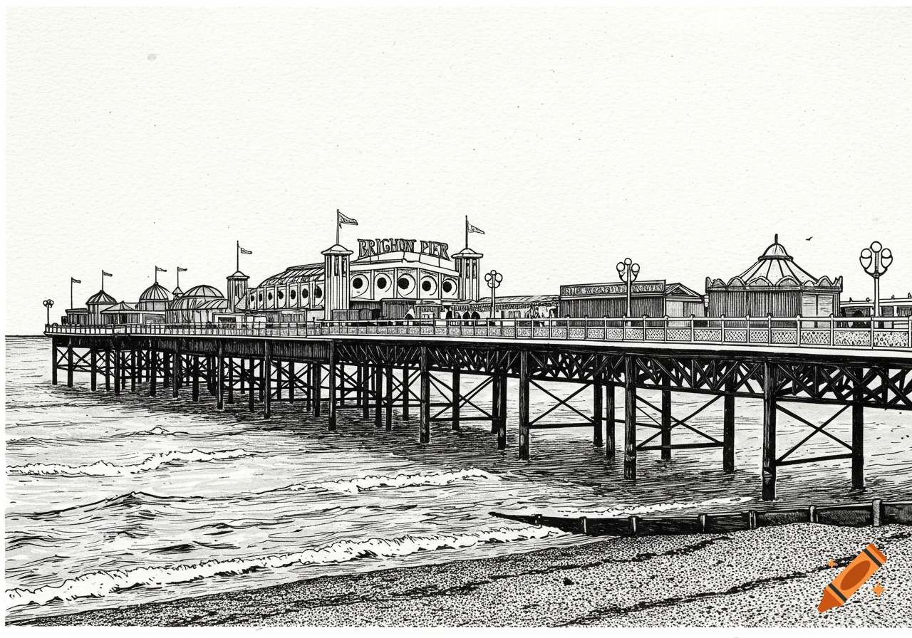 Black and white fine-line drawing of Brighton Pier over the sea. on Craiyon