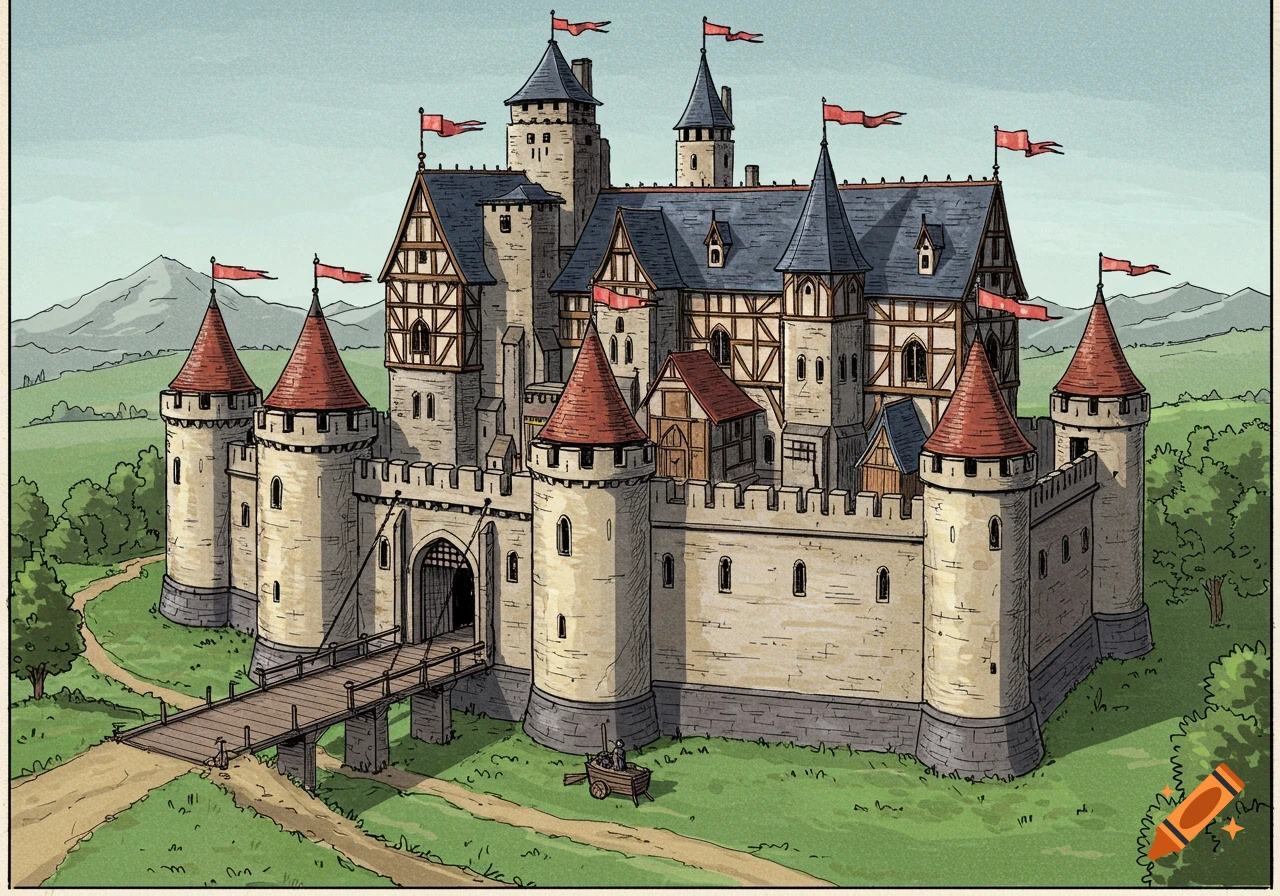 An illustrated medieval castle with red flags, a drawbridge over a dry ...
