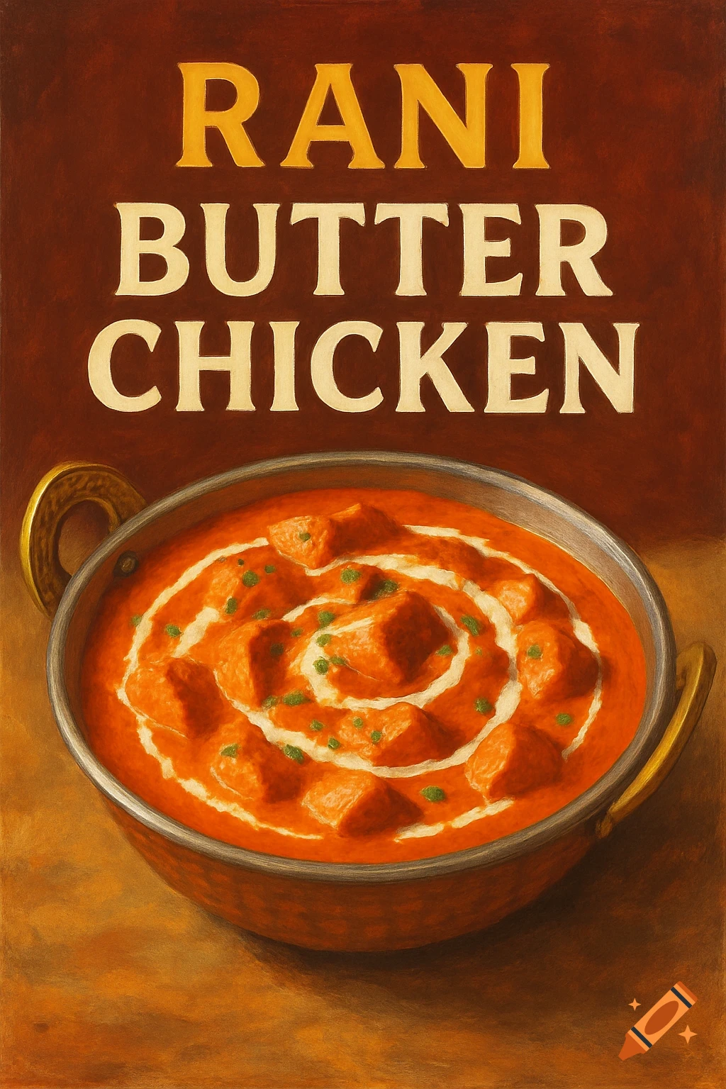Pot of butter chicken with cream swirl and text 'RANI BUTTER CHICKEN ...