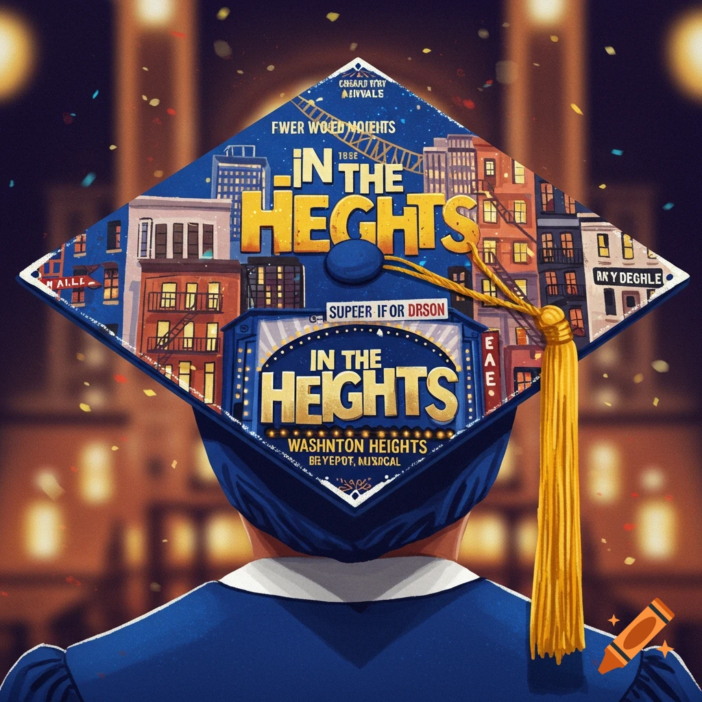 A person wearing a blue graduation cap decorated with an illustration ...