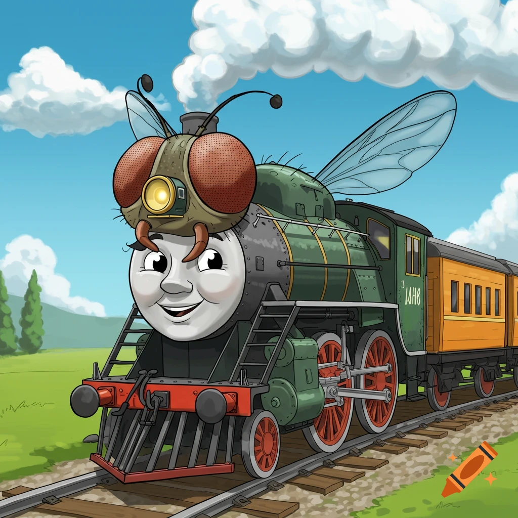 Cartoon train with a fly head and wings on railway tracks outdoors. on ...