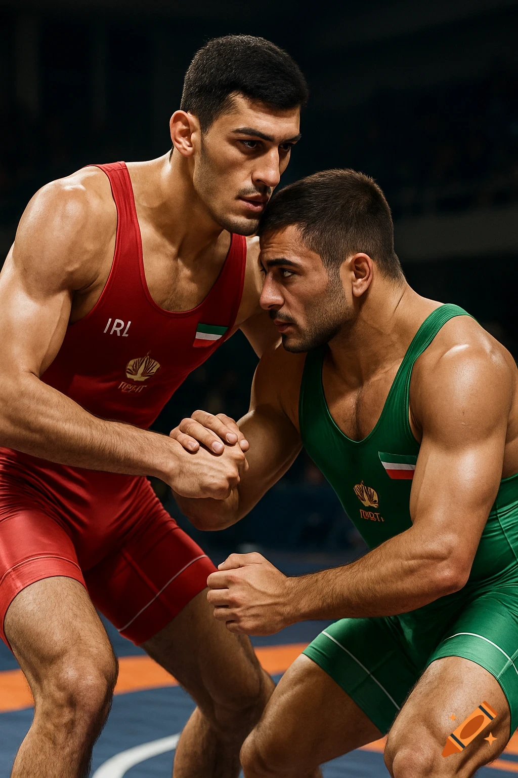 Two male wrestlers in singlets grapple on a wrestling mat in an arena on Craiyon