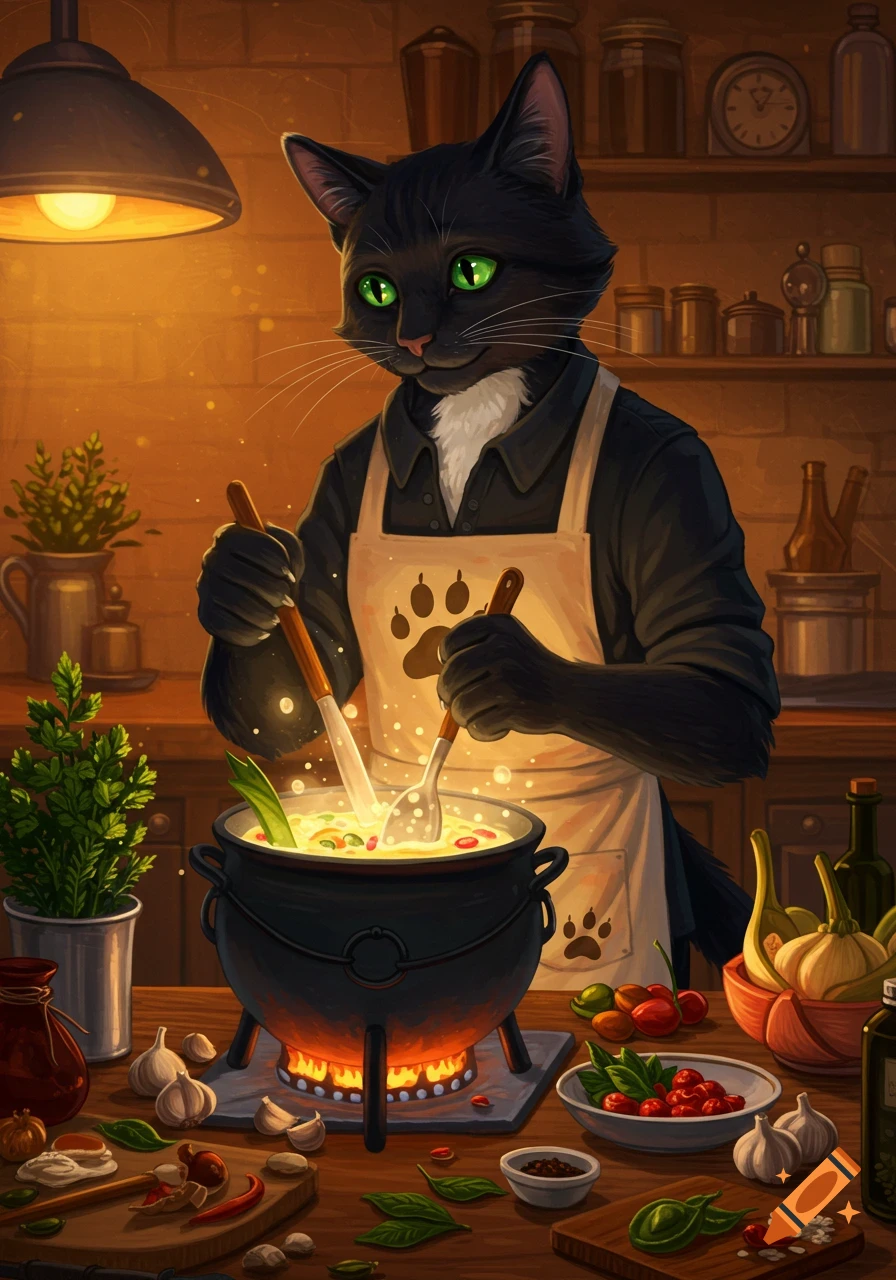 A black cat chef stirs a pot of soup in a warm, rustic kitchen setting ...