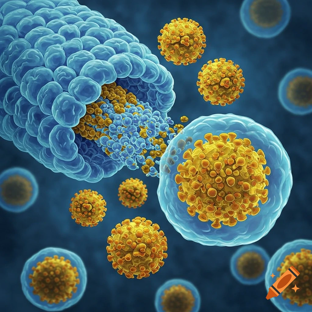 Microscopic view of yellow viruses releasing from a blue cell structure ...