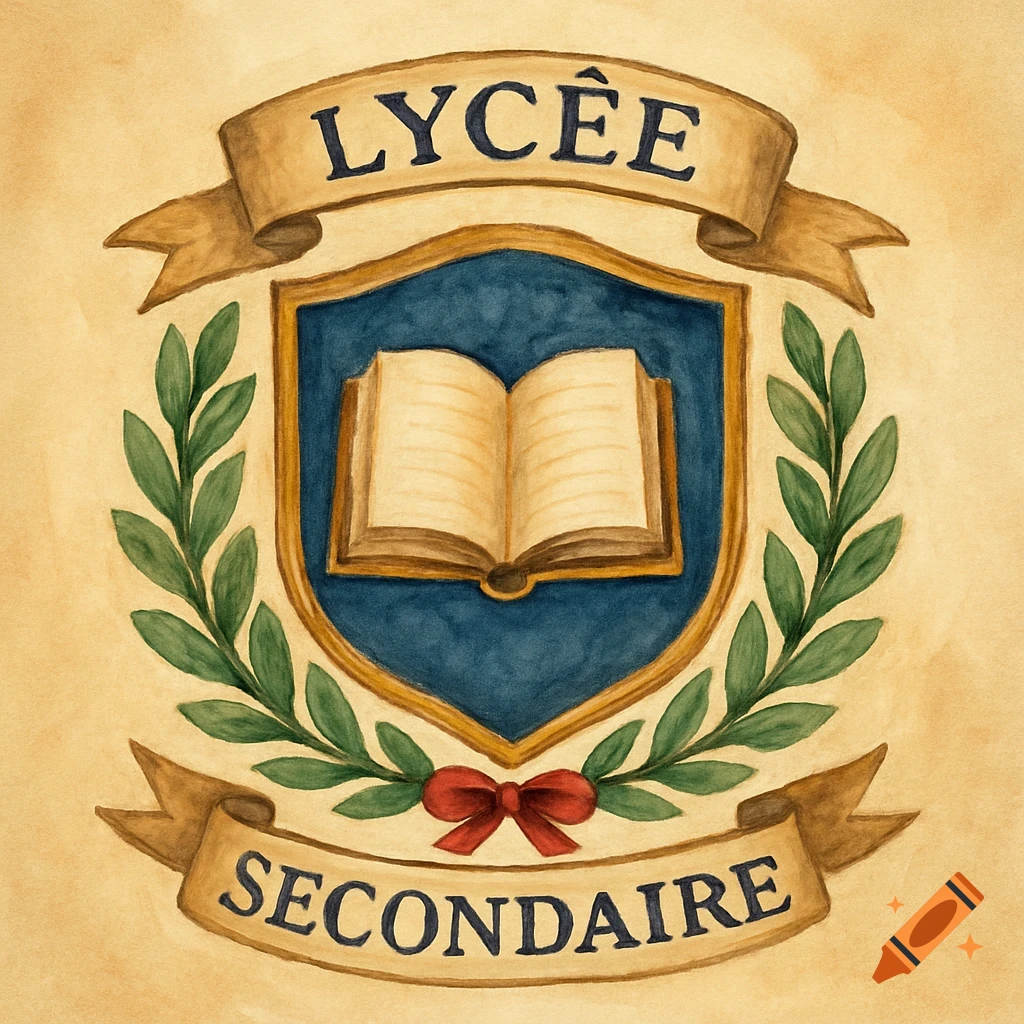 Painted school crest logo with shield, open book, laurel branches, and ...