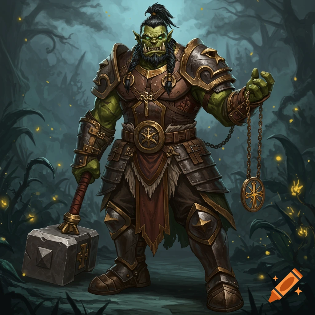An armored orc character holds a hammer and medallion in a forest. on ...