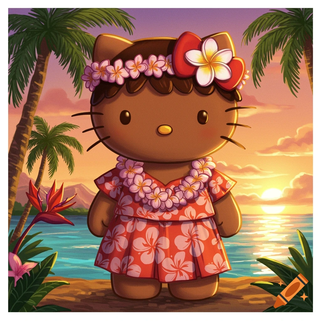 A brown Hello Kitty wearing a Hawaiian dress and flower leis stands on ...