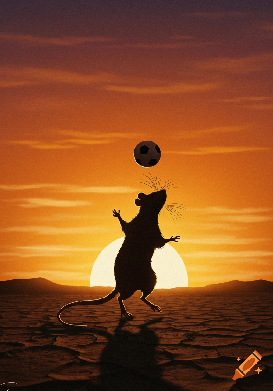 Silhouette of a desert rat juggling a soccer ball against an orange ...