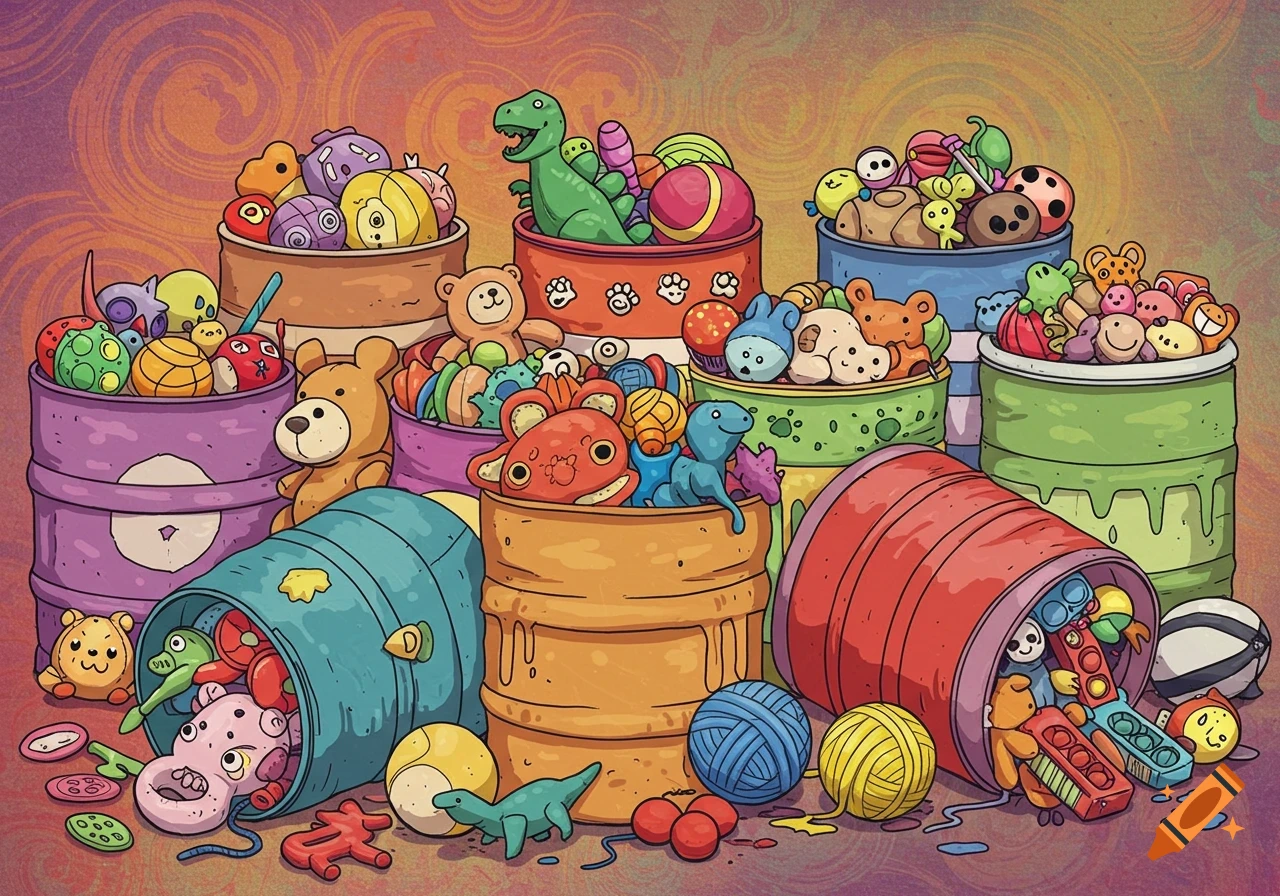 Colorful cartoony illustration of barrels overflowing with assorted ...