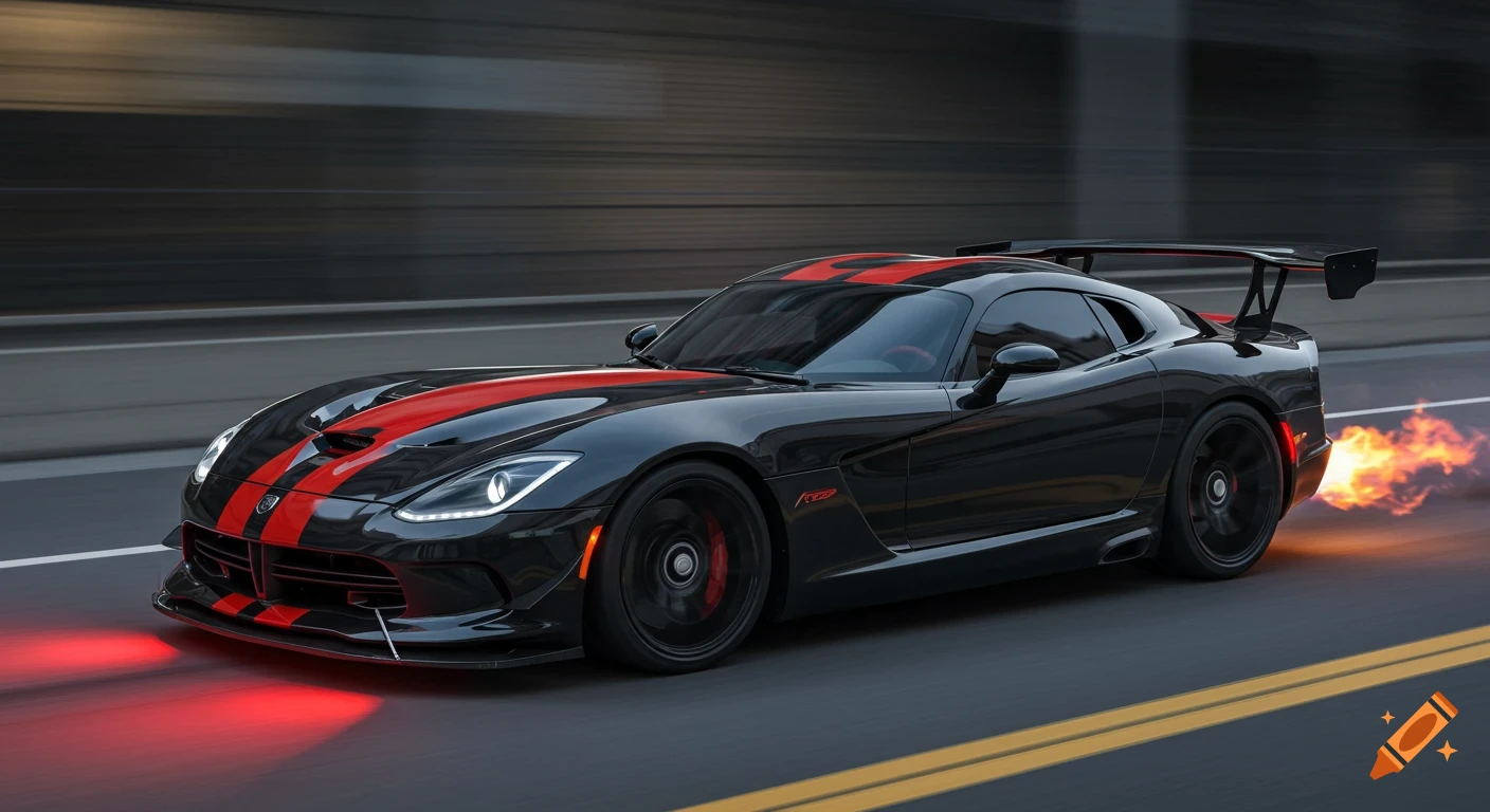 Black Dodge Viper with red stripes racing down a street at night, shooting flames from the ...