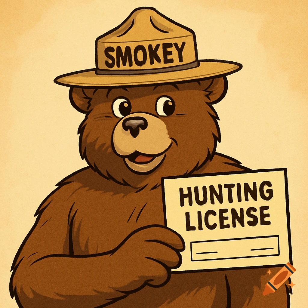 Cartoon Smokey Bear wearing a hat and holding a hunting license. on Craiyon