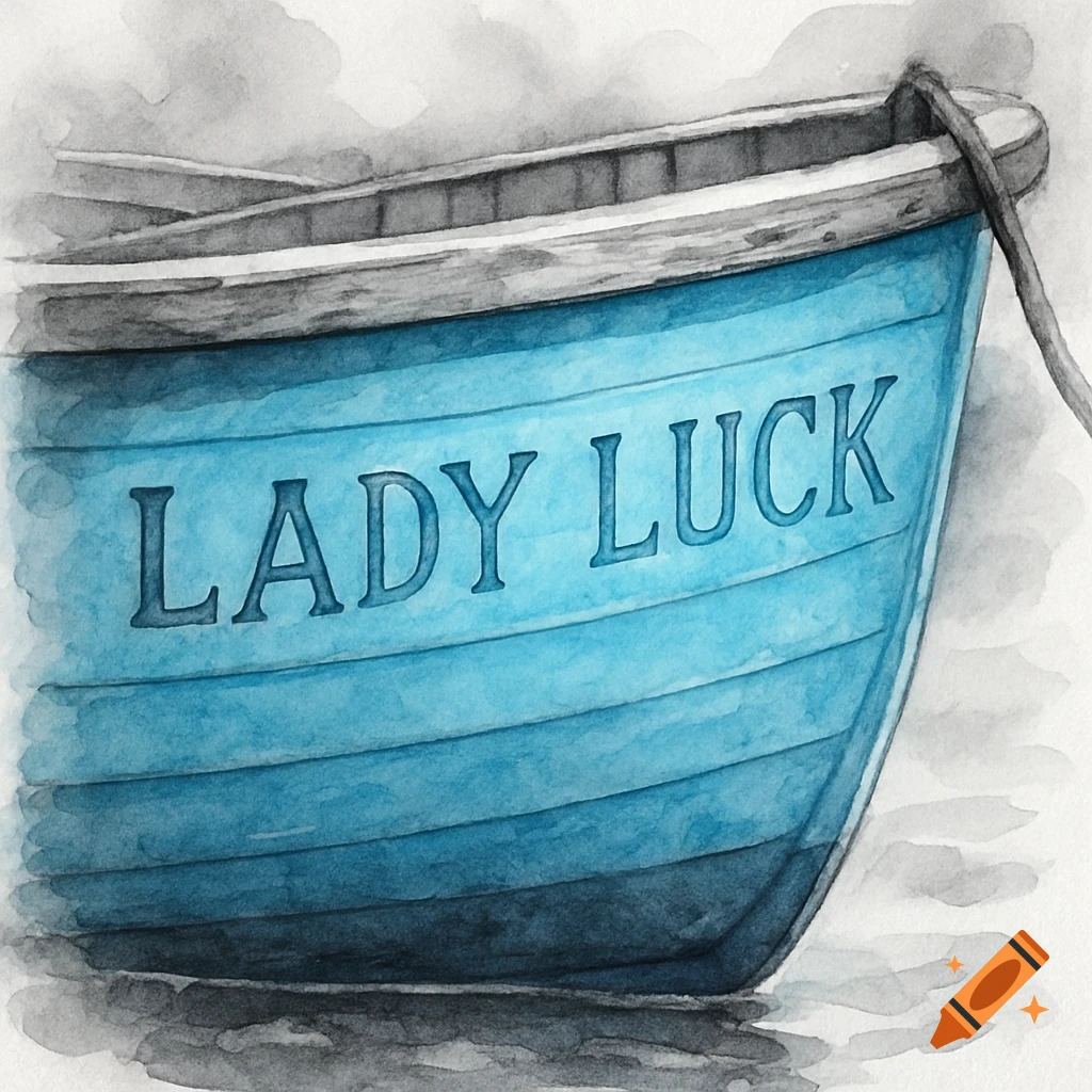Watercolor of a blue boat named 'Lady Luck'. on Craiyon