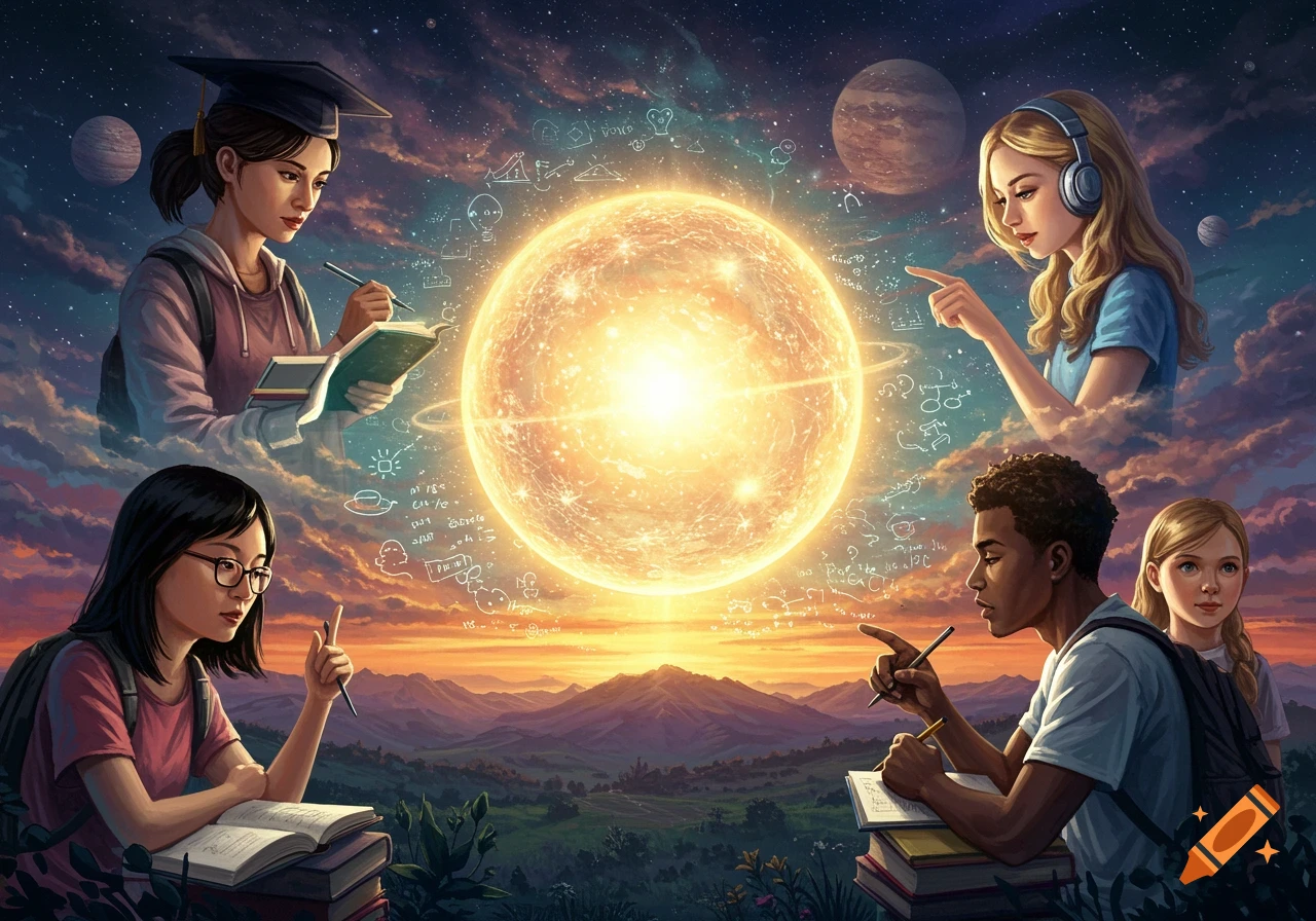 Students study amidst space and floating equations around a glowing sun ...