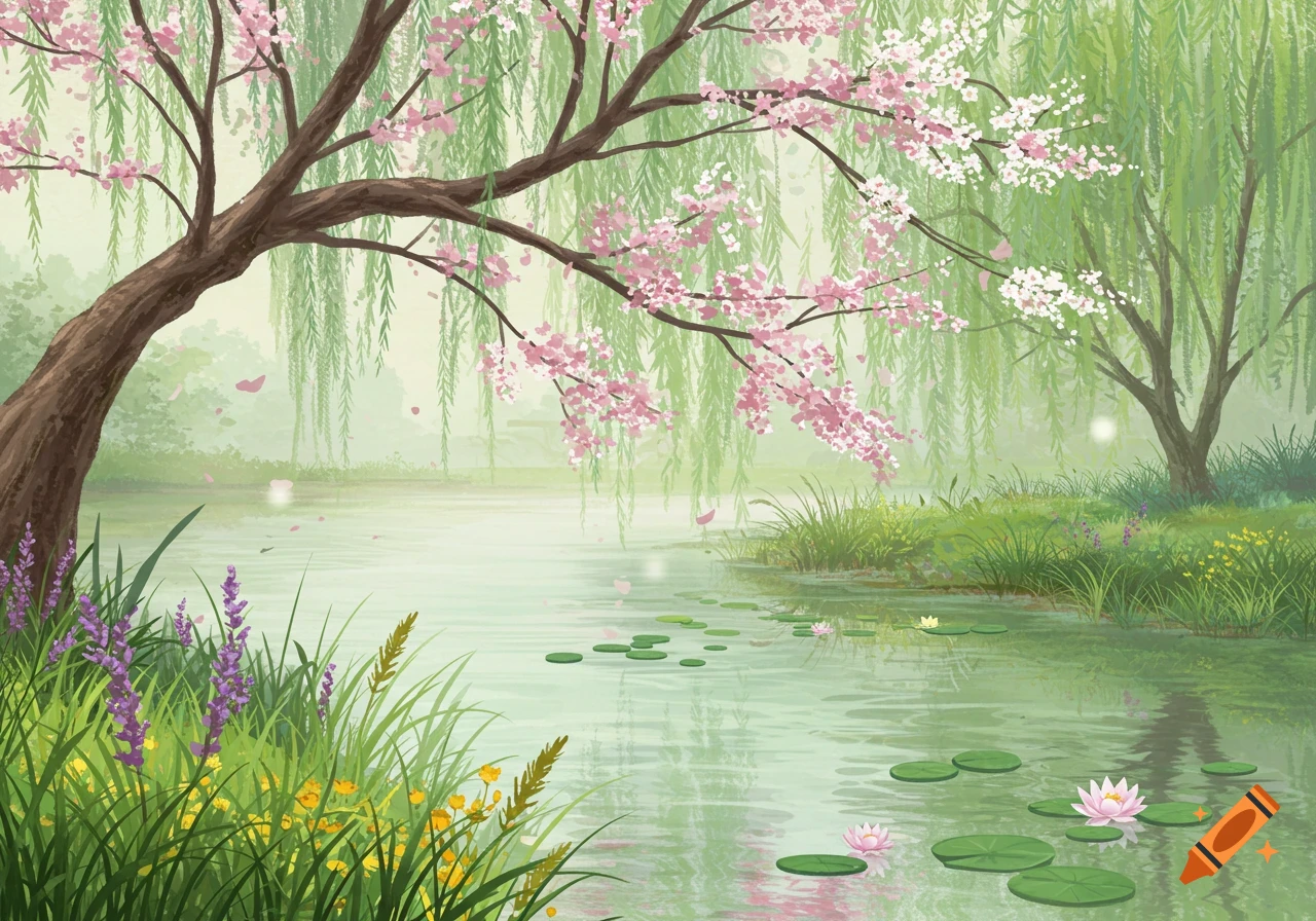 An illustration of a peaceful spring landscape with a blooming cherry ...