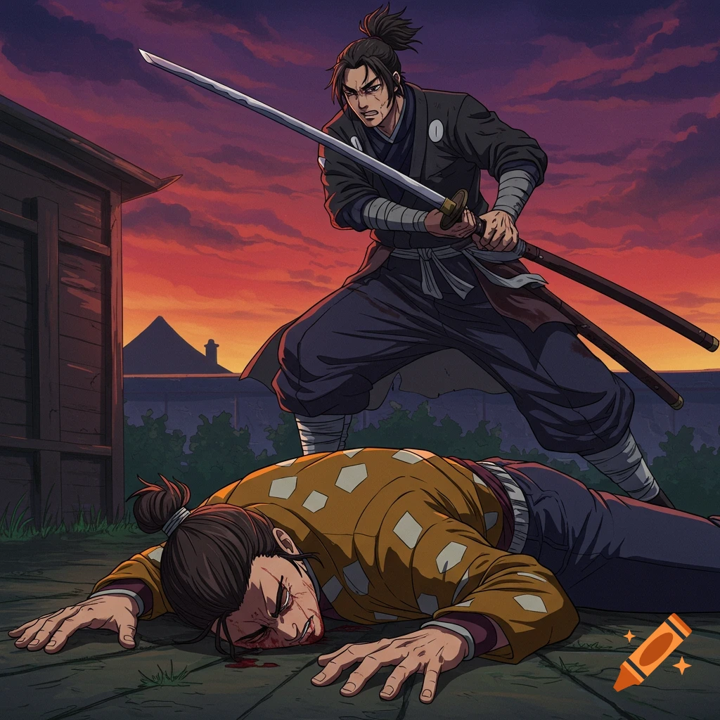 Anime samurai with sword standing over fallen opponent at sunset. on ...