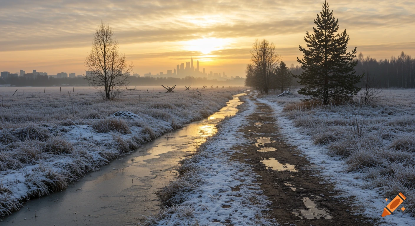 A winter landscape with a path, frozen stream, and distant city skyline ...
