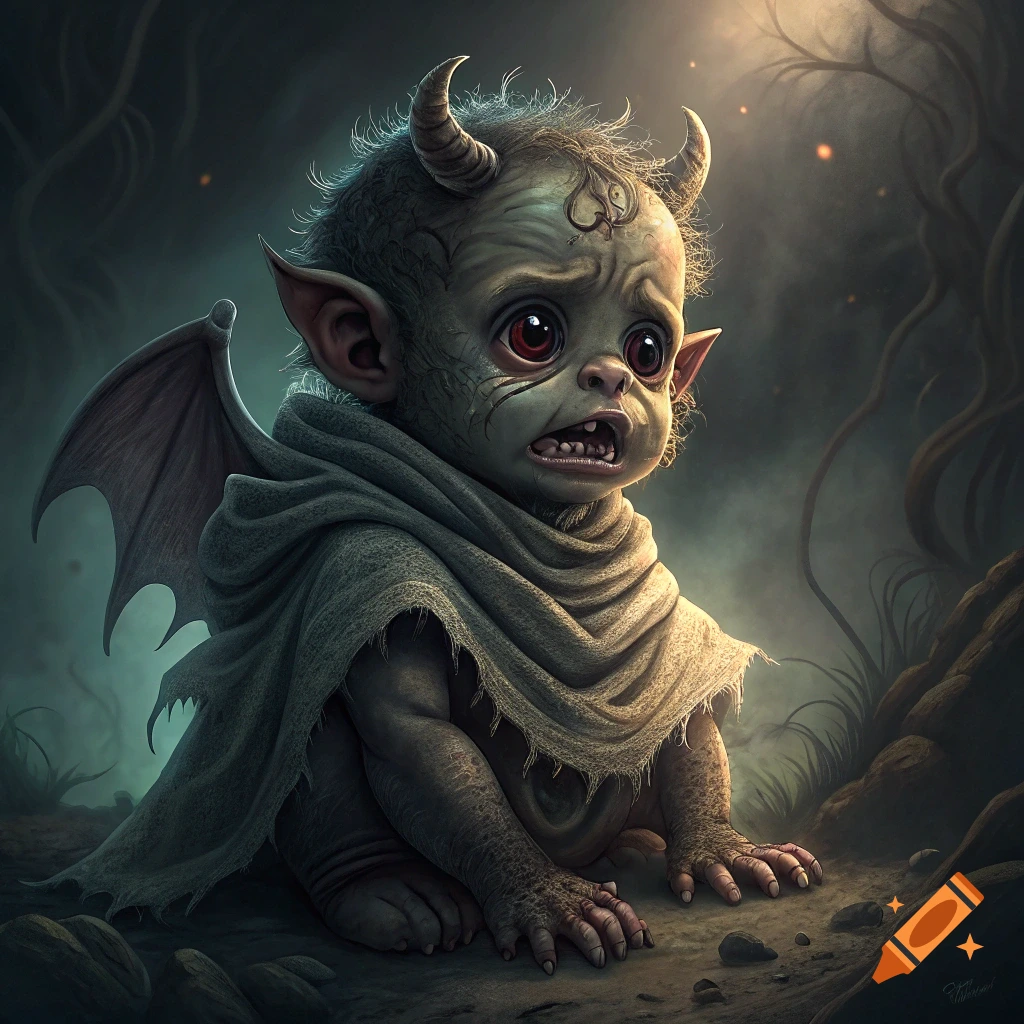 Baby demon creature with red eyes, horns, and wings in a dark fantasy ...