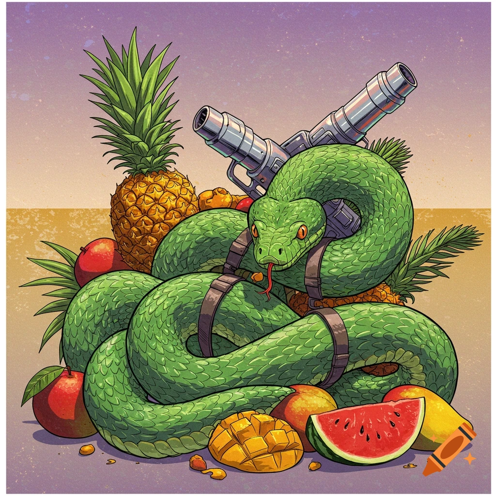 Cartoon illustration of a green snake coiled around fruit with two guns ...