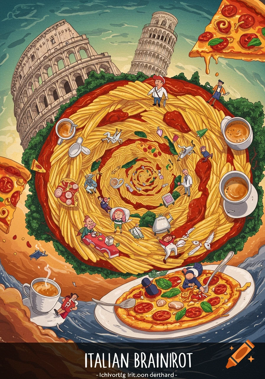 Surreal illustration of Italian food (spaghetti, pizza) and landmarks ...