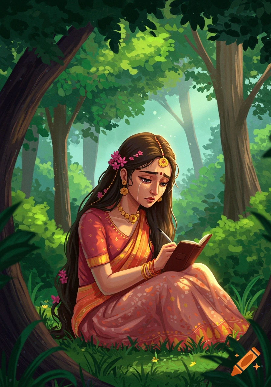 Indian girl crying and writing in a diary in a lush forest ...