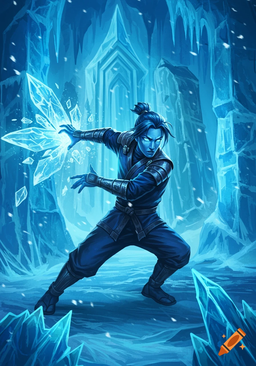 A blue ninja character with glowing eyes casts ice magic in an ice ...