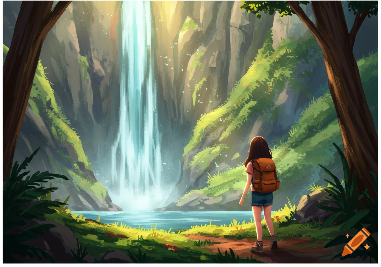 Anime-style illustration of a girl hiking towards a large waterfall in ...