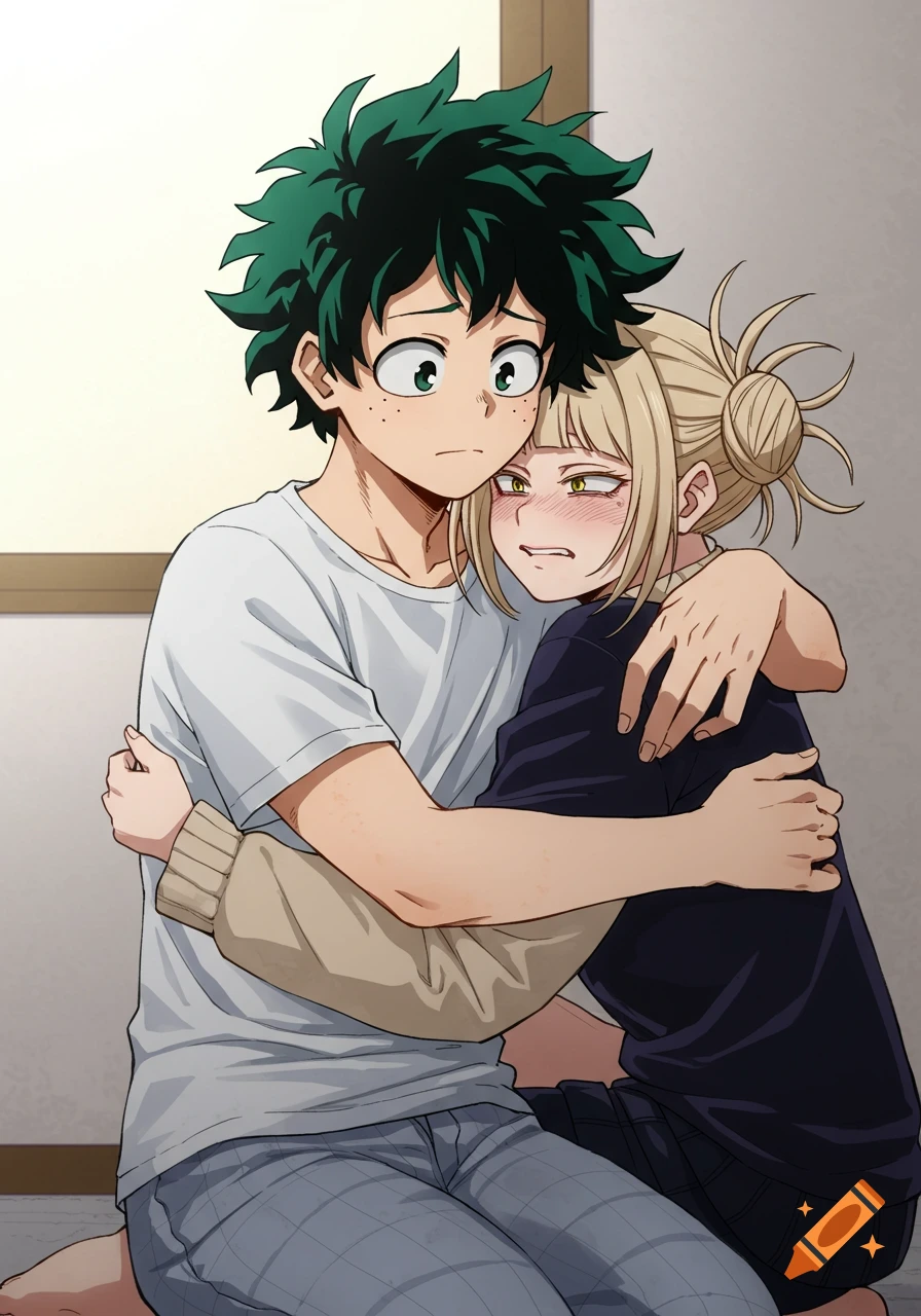 Anime style drawing of Izuku Midoriya comforting Himiko Toga with a hug ...