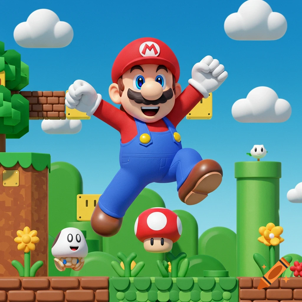 3D render of Mario jumping in a Super Mario level with mushroom and ...