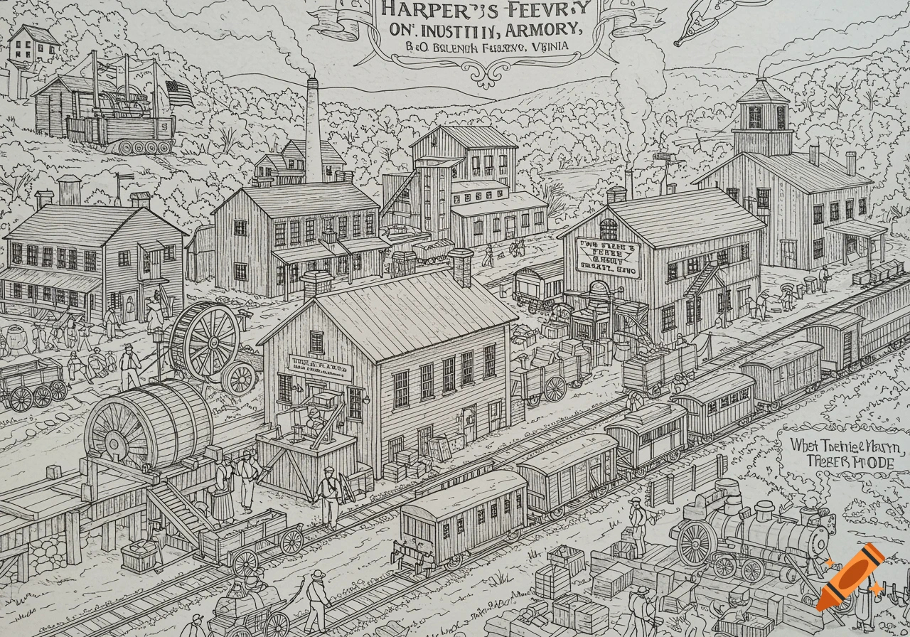 Black and white line drawing of a bustling 1800s Harper's Ferry scene ...