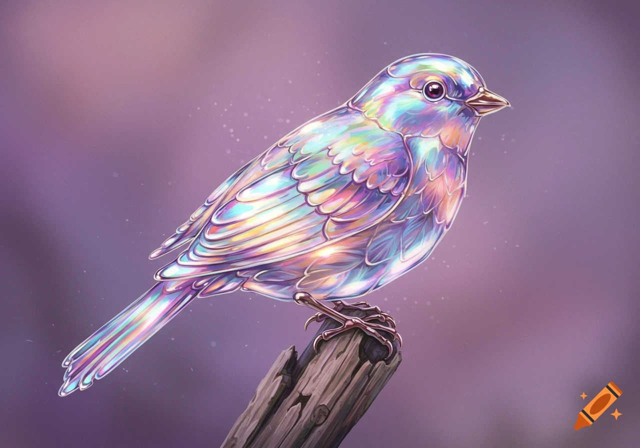 An iridescent bird with colorful scales perches on a wooden post. on ...
