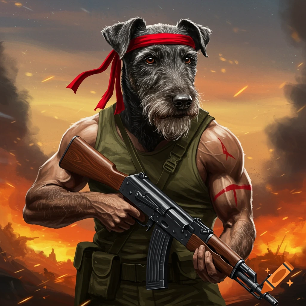 A muscular terrier dog in a red headband and combat gear holds an AK-47 ...