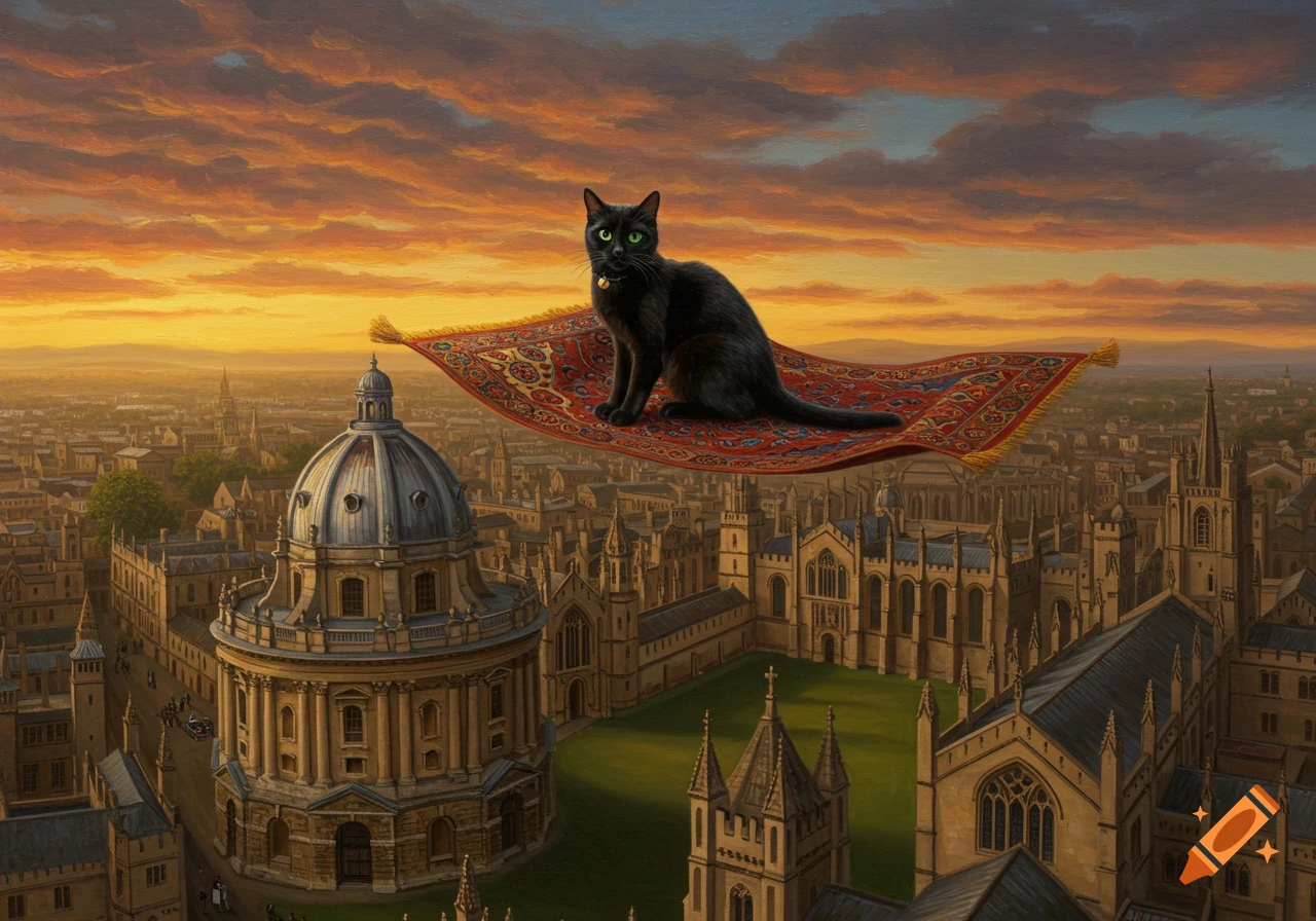 Black cat flies on a magic carpet over the University of Oxford in a ...