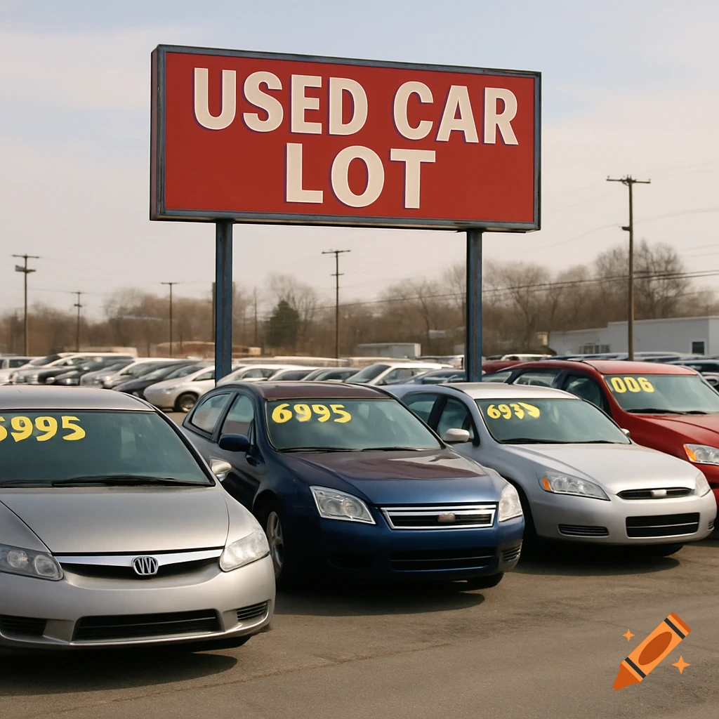 A used car lot with several cars parked, a sign reads 'USED CAR LOT' on ...