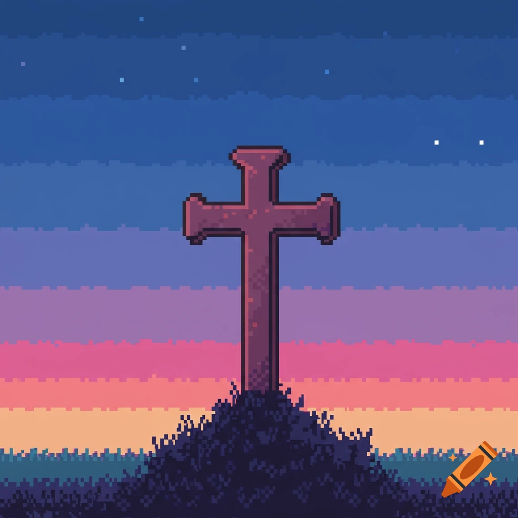 Pixel art of a cross on a hill at sunset. on Craiyon