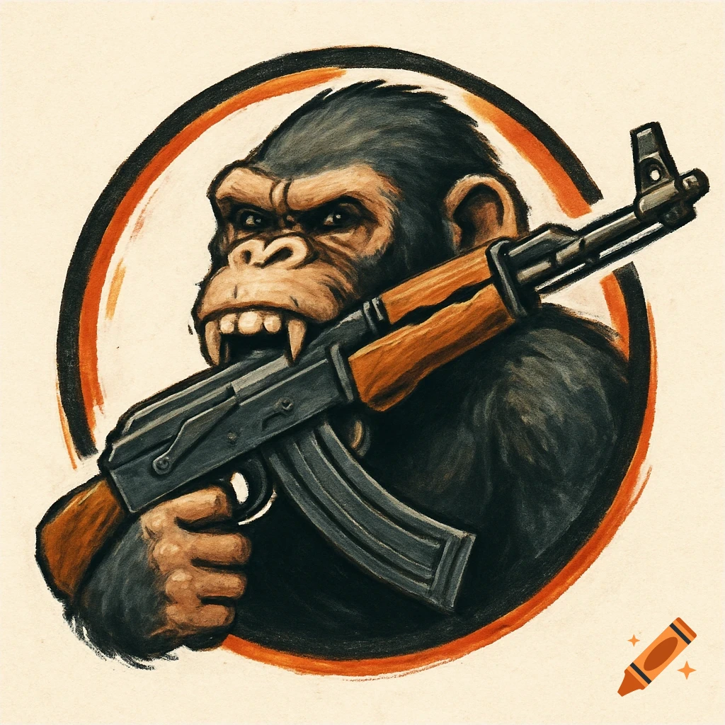 Illustration of an ape holding and chewing on an AK-47 rifle in a ...