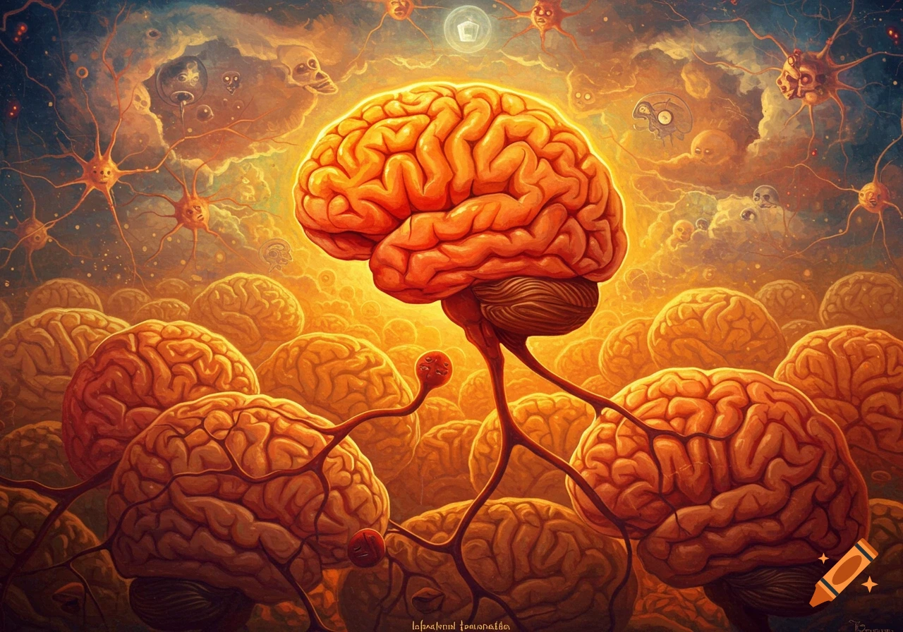 A large brain glows above many smaller brains connected by neuron-like ...