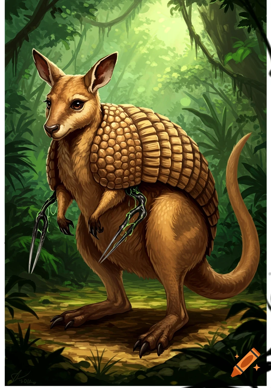 A fantasy creature mixing a wallaby and armadillo armor with blades stands in a lush jungle. on ...