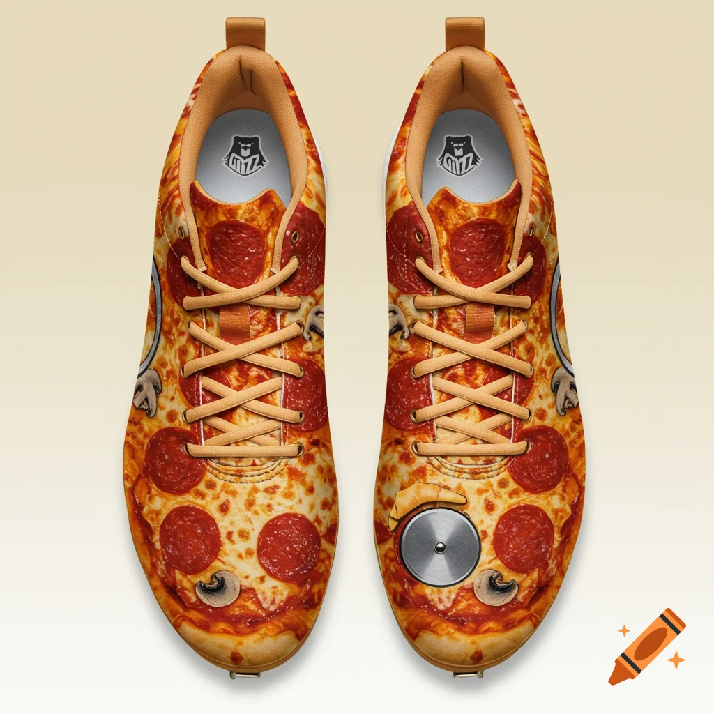 Pair of baseball cleats covered in a pepperoni and mushroom pizza ...