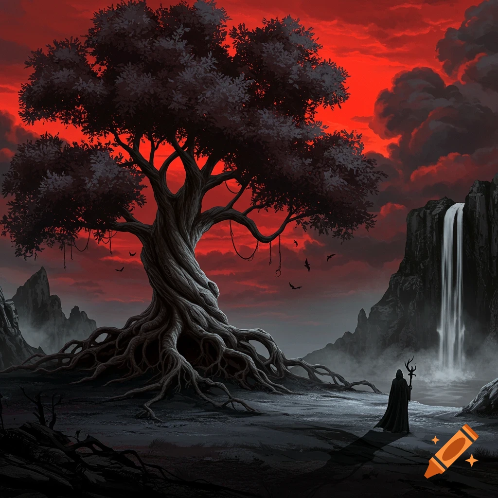 Dark fantasy illustration of a gnarled tree and waterfall under a red ...