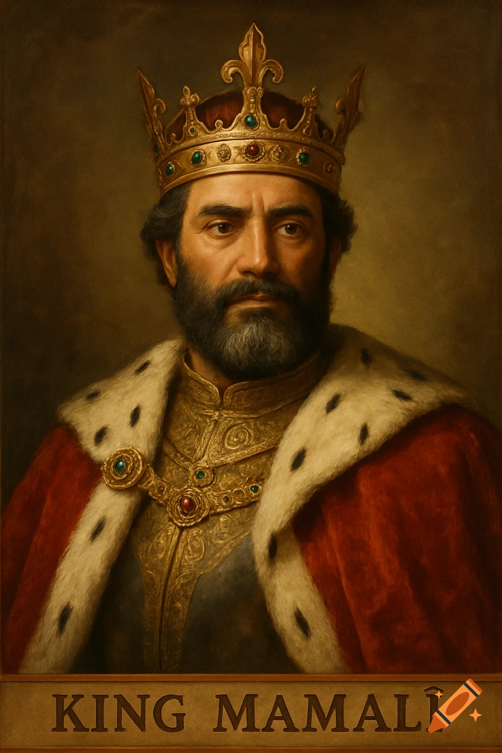 Painting of King MAMALÎ wearing a crown and royal robe. on Craiyon